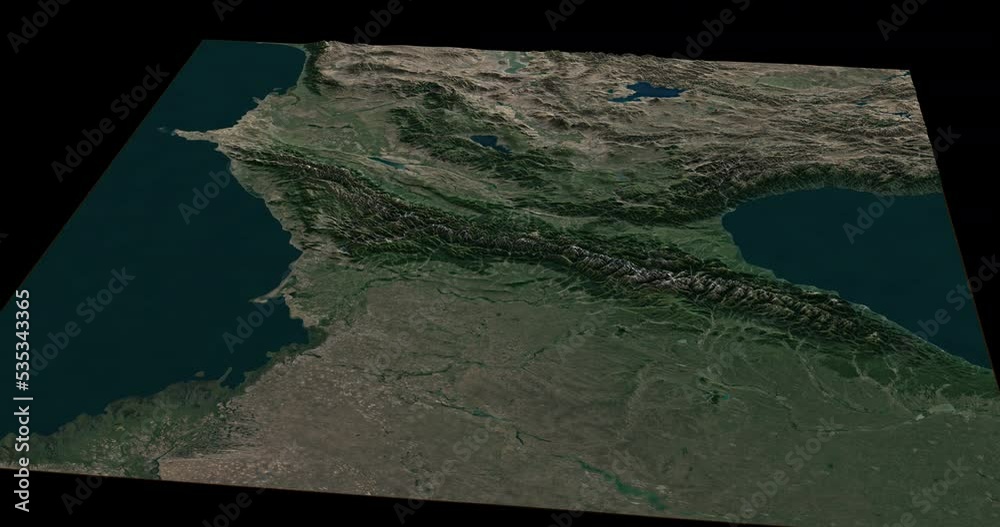 Caucasus north to south map with 3d relief 4K satellite ground height ...