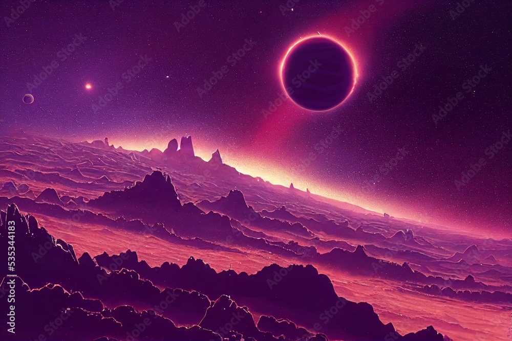 Mars purple space landscape with large planets on purple starry sky ...