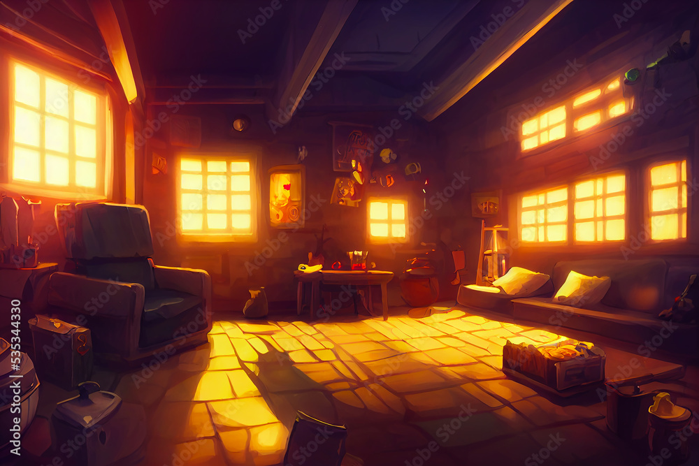 anime game art background, cozy basement with ambient lights, abstract ...