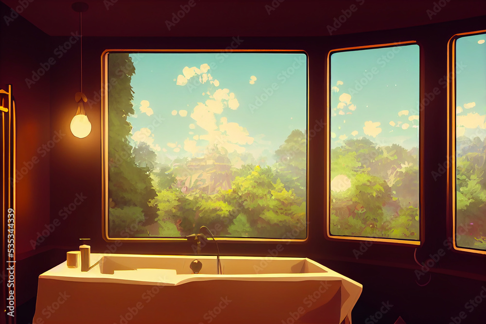 anime game art background, cozy bathroom with a bathtub, created with ...