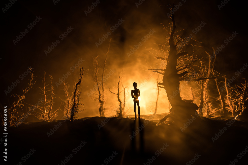 Silhouette of person standing in the dark forest. Horror halloween ...