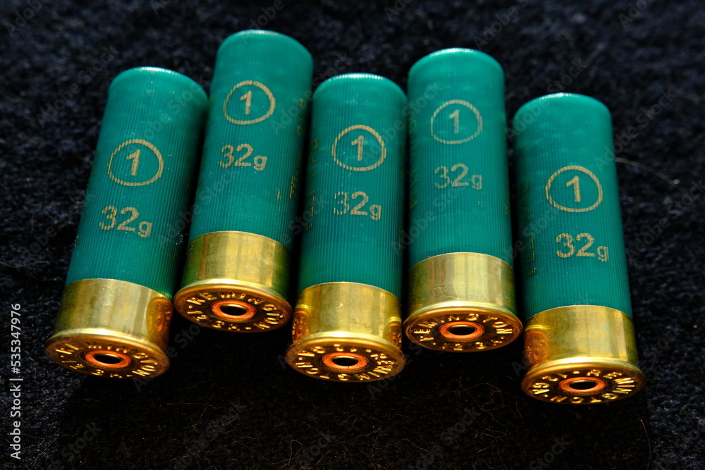 Shotgun shells on a black surface. Ammunition for 12 gauge smoothbore ...
