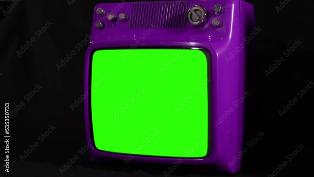 Old Purple Television Turning On Green Screen with Static Noise. Close ...