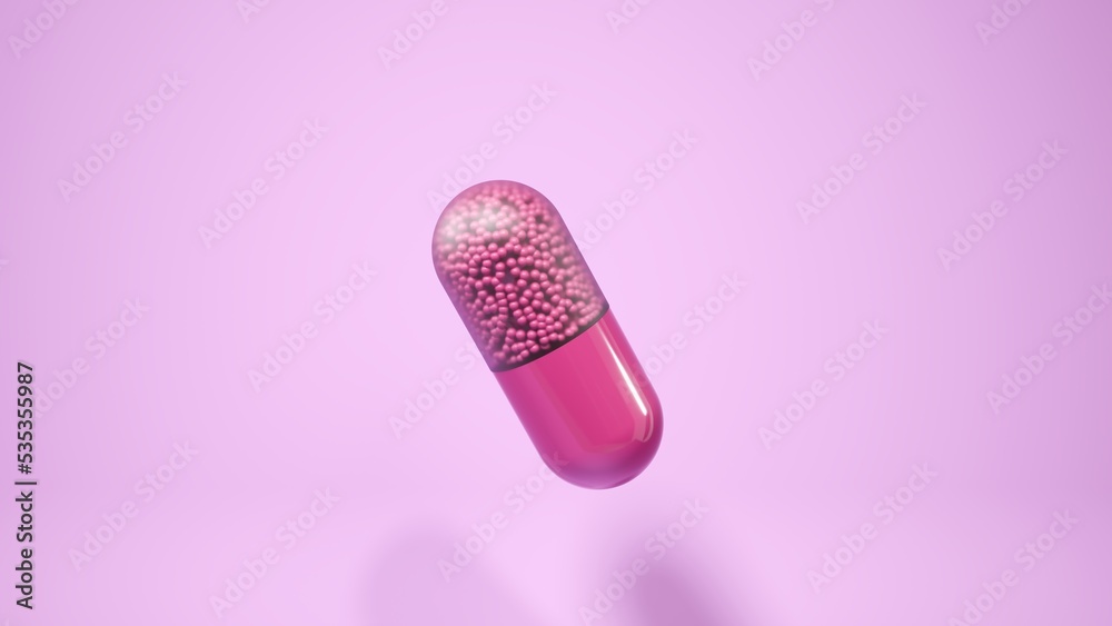 Medicine capsule, flying, pink capsule with small balls inside ...