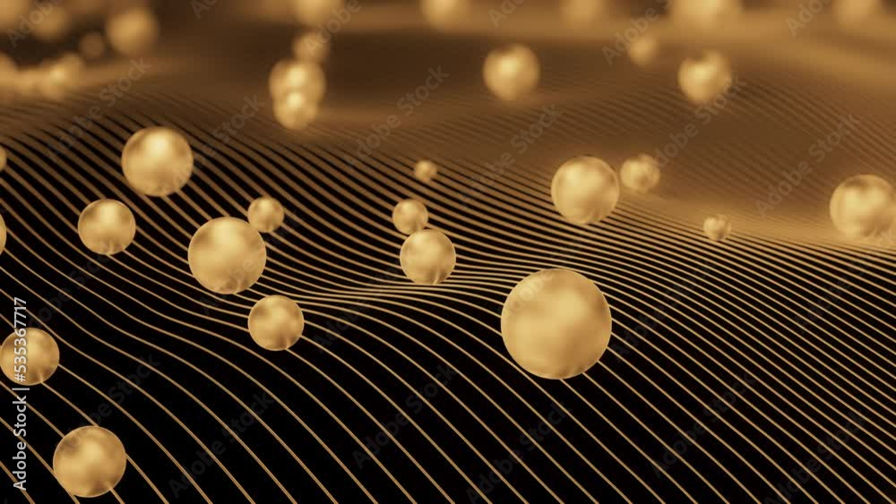 3D render of shiny gold spheres sliding on waving lines with depth of ...