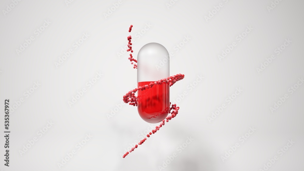 Medicine capsule, flying, swirling balls around red capsule, isolated ...