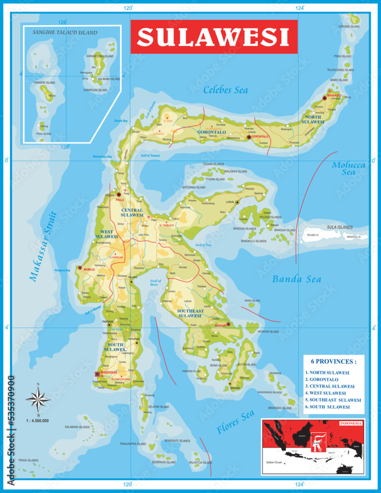 vector Map of tourism and administrative Sulawesi Indonesia Stock ...