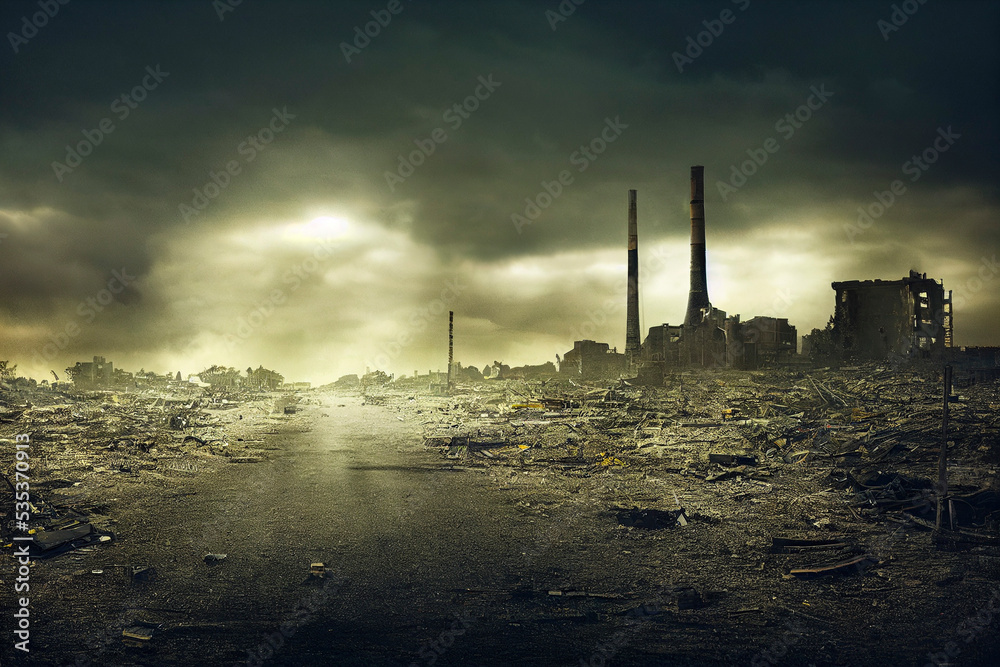 Nuclear wasteland, Illustration of a post-apocalyptic city Stock ...
