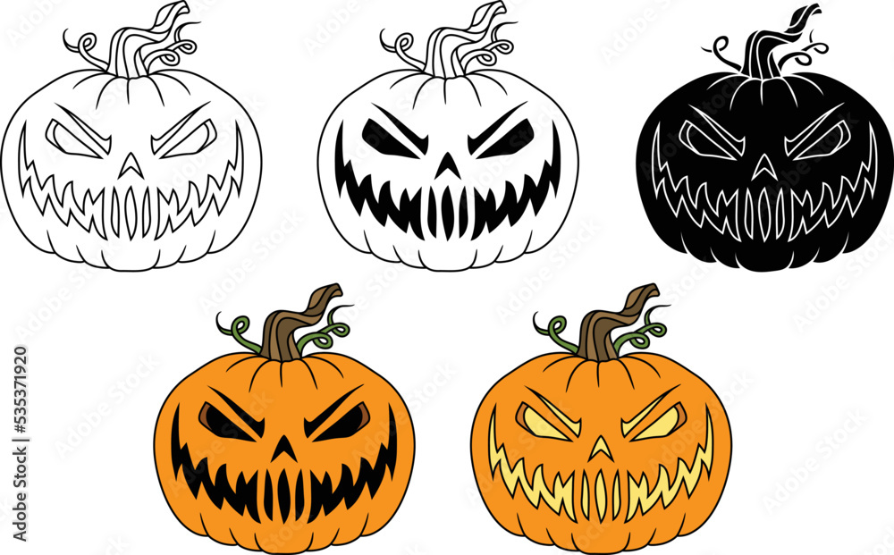Scary Jack O Lantern Carving Clipart Set - Outline, Silhouette and ...