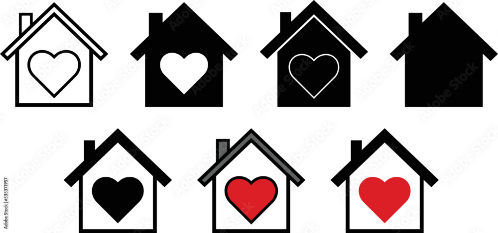 Home and Heart Simple Clipart Set - Outline, Silhouette & Color Stock ...