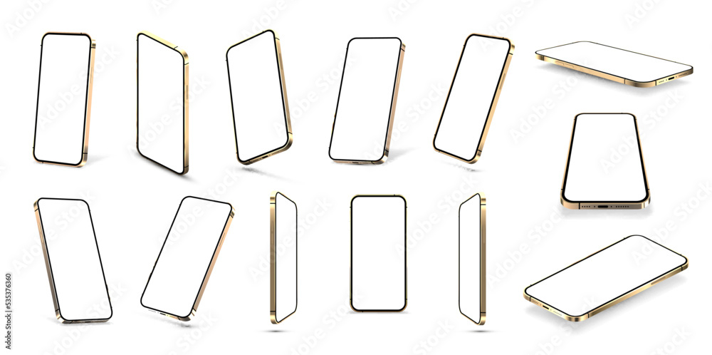 Golden collection mobile phones with blank screen, highlights on the ...