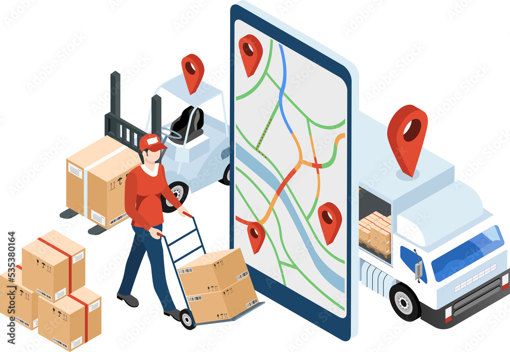 Poster 3D isometric Logistics and Delivery services concept with People ...