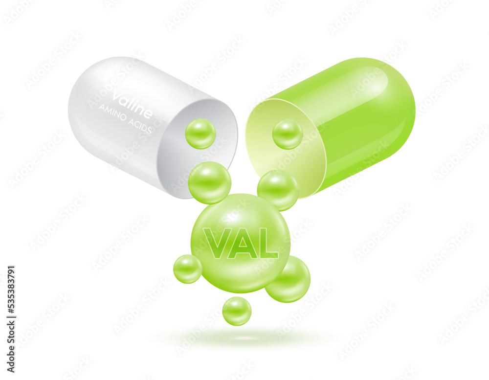 Valine amino acid float out of the capsule. Vitamins complex and ...