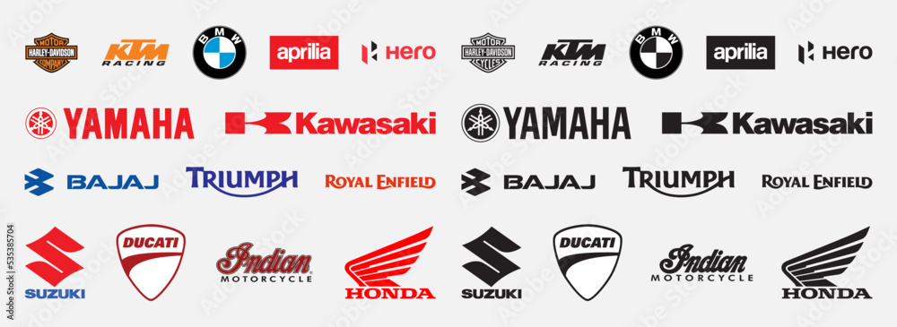 Vetor de Popular Motorcycle Brand Logos. Harley-Davidson, Honda, Yamaha, Suzuki, Aprilia ...