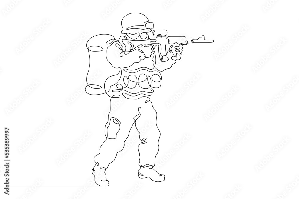 One continuous line.Modern military man in outfit. Soldier with weapons ...