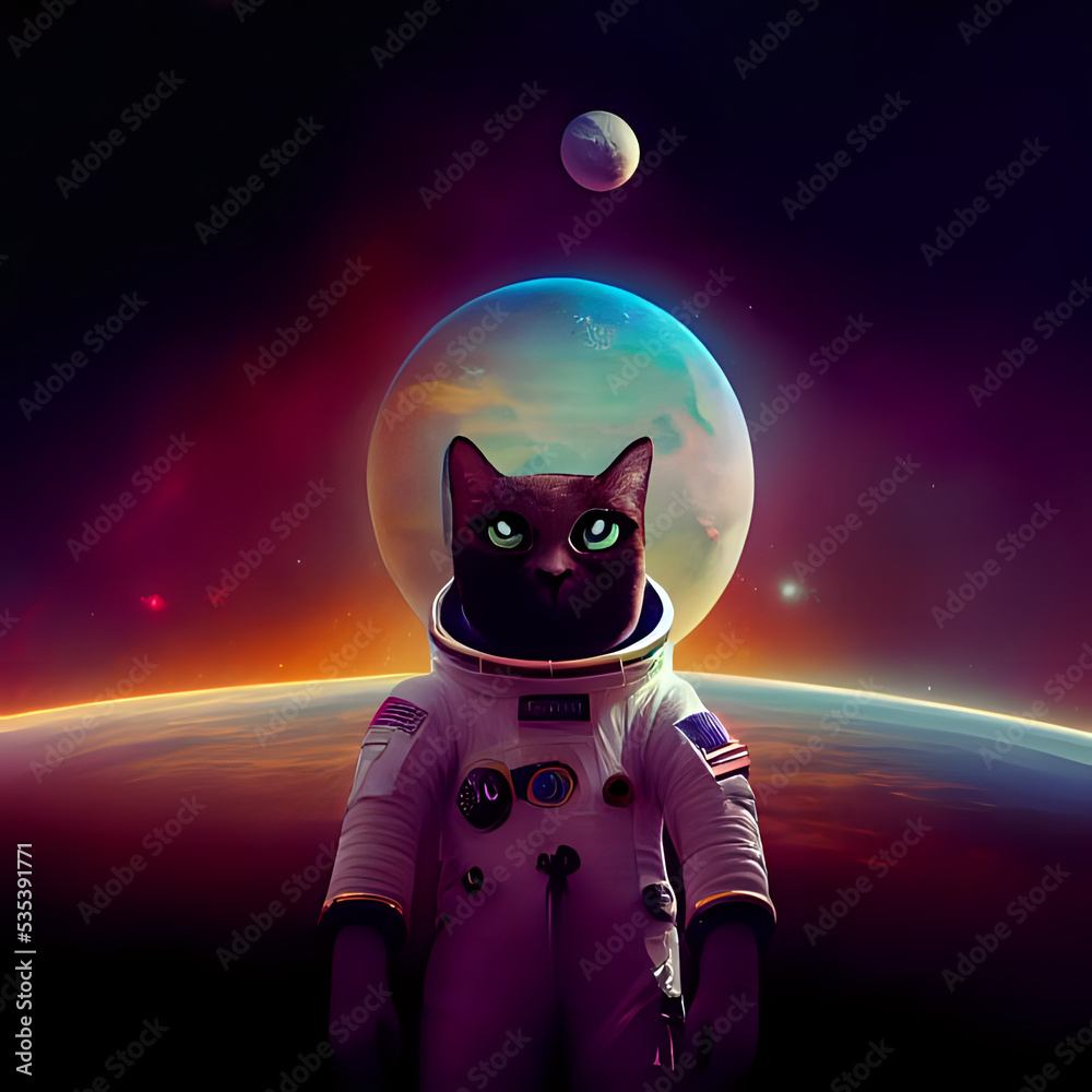 Cat in spacesuit floating in space Stock Illustration | Adobe Stock