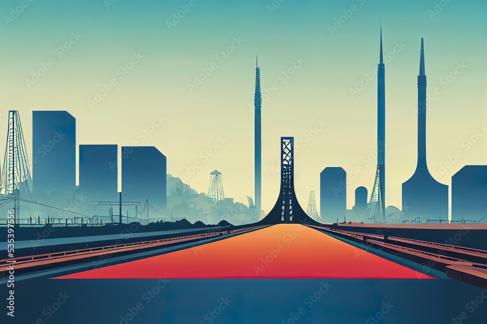 Infrastructure transportation panoramic. Railway bridge. Trains rides ...