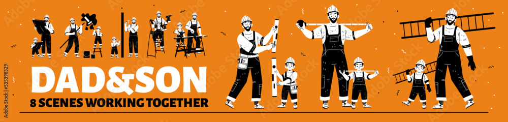 Dad and son builders working together. Father with child repair service ...