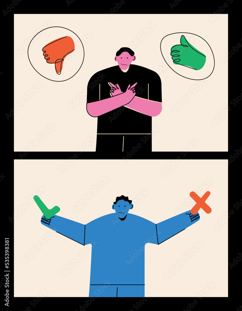 Vetor de Collage. Men standing to choose YES or NO. Vector illustration ...