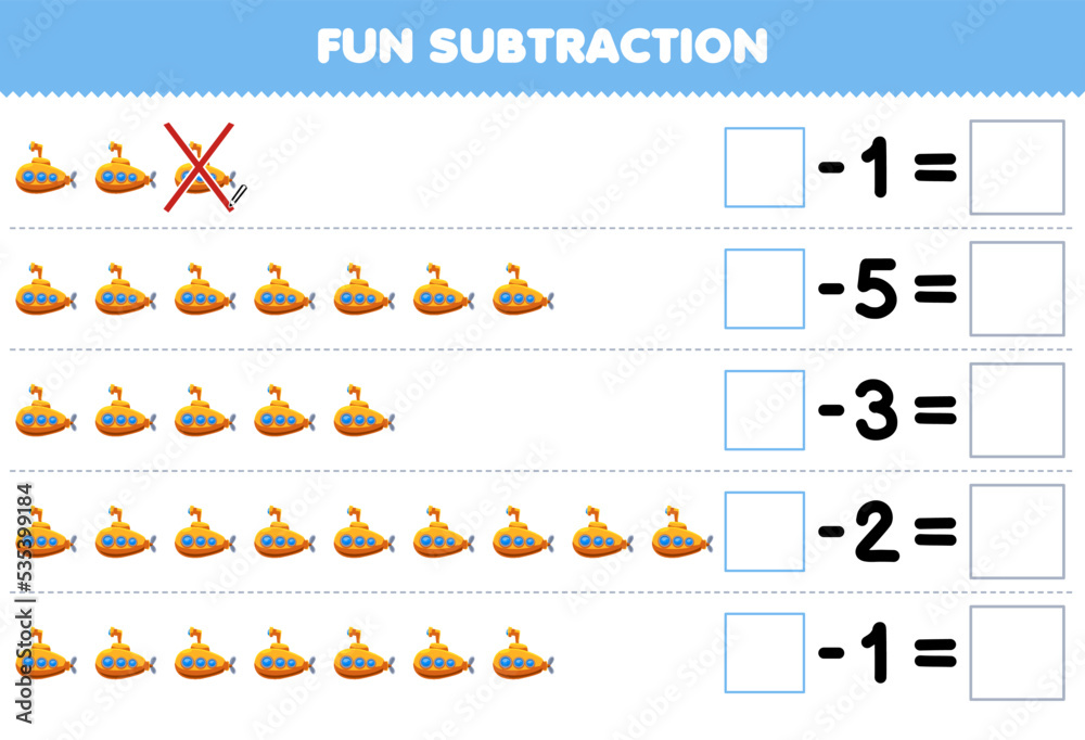 Education game for children fun subtraction by counting cartoon yellow ...