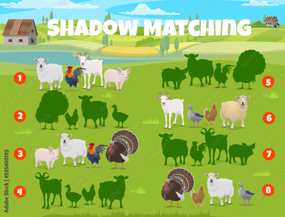 Farm animals and cattle. Shadow matching game worksheet. Animal ...