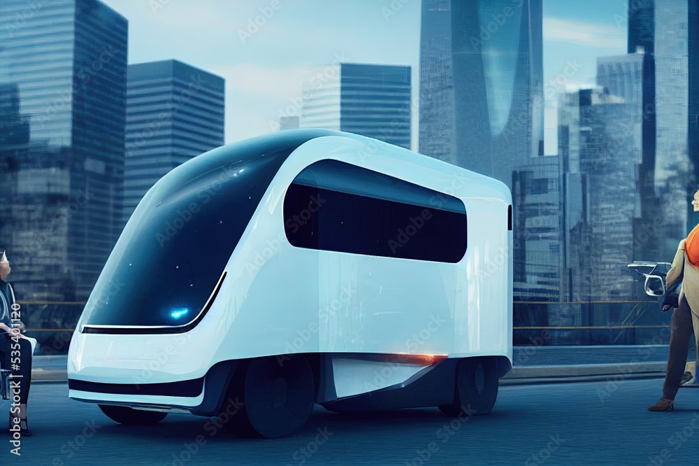 Shot of a Futuristic Self Driving Van Moving on a Public Highway in a Modern City with Glass ...