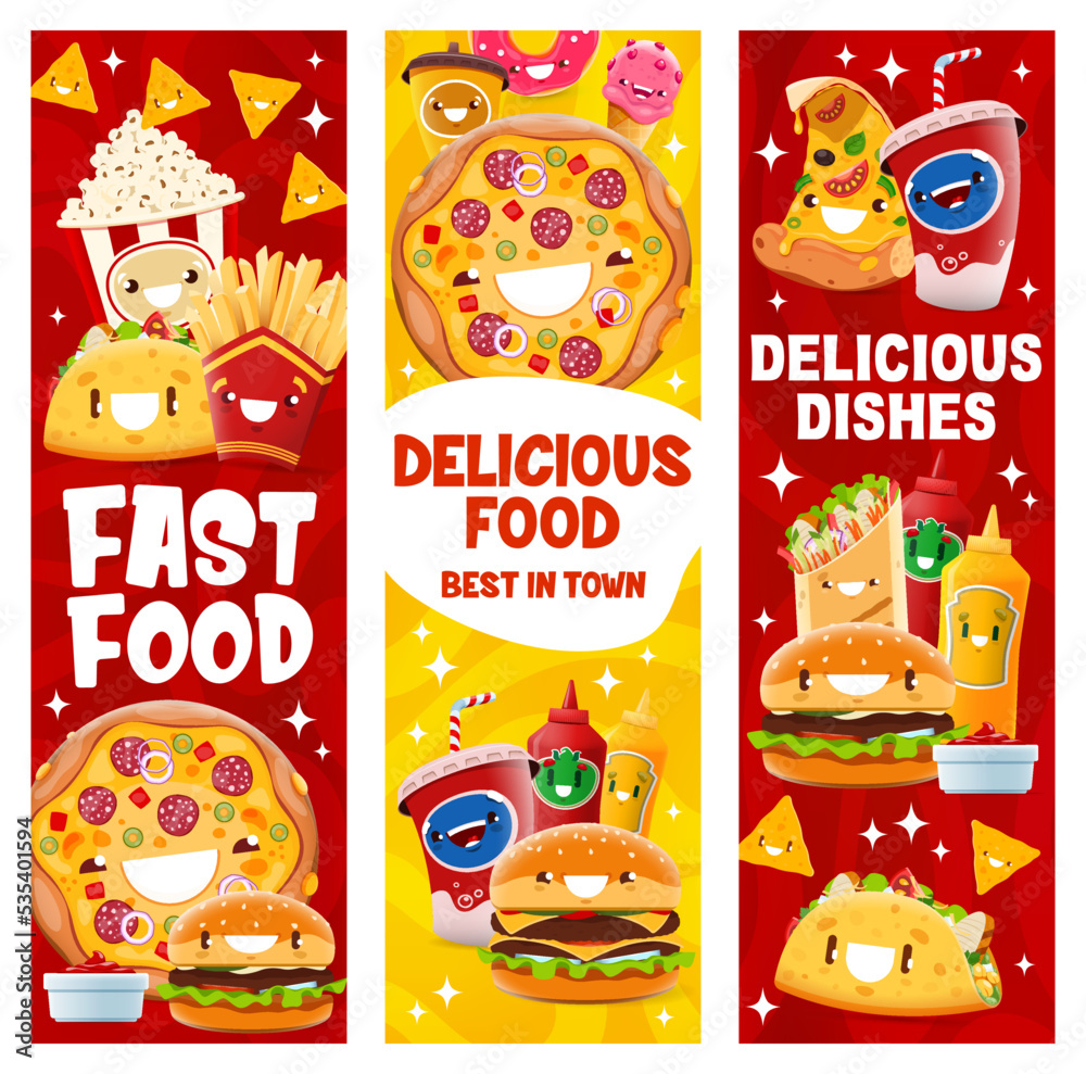 Cartoon takeaway fast food characters. Popcorn, french fries and tacos ...