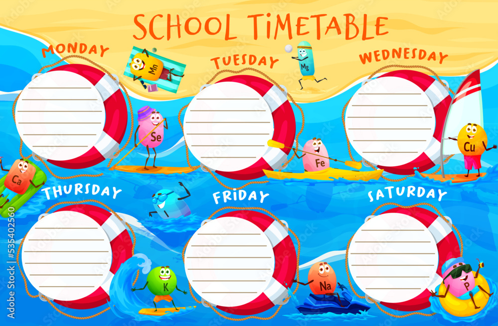 School timetable schedule, cartoon vitamin and mineral characters on ...