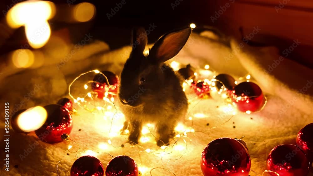 Video Stock One little black rabbit sits and looks at the camera among ...