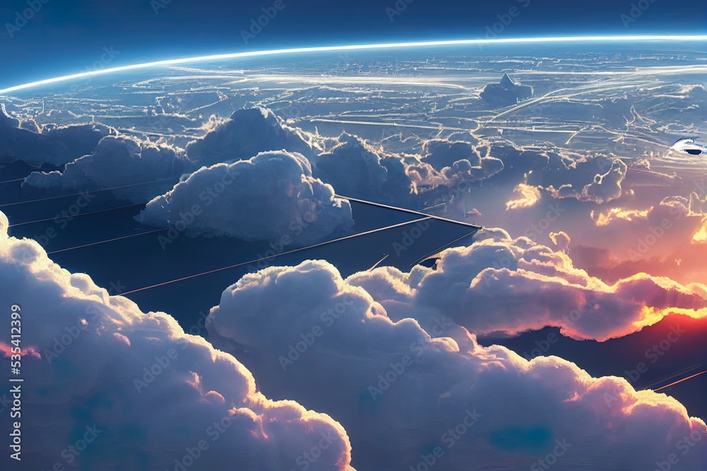 Flying passenger train. Futuristic sci fi city in clouds. Utopia ...