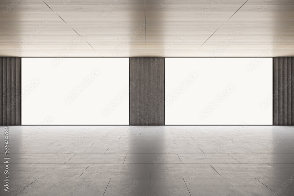 Front view on two blank white illuminated screens with space for your ...