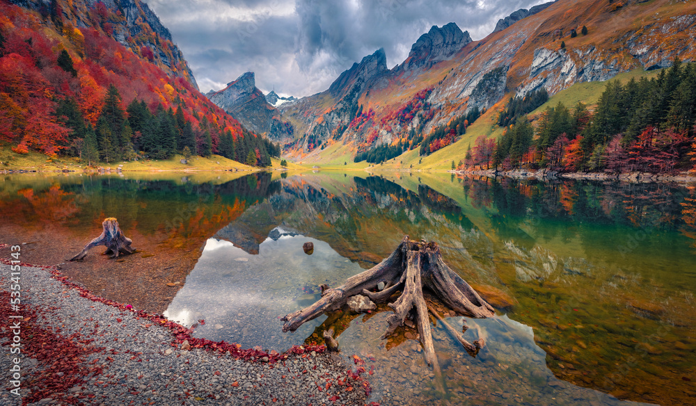 Calm autumn scene of Swiss Alpswith Santis peak on background. Colorful ...