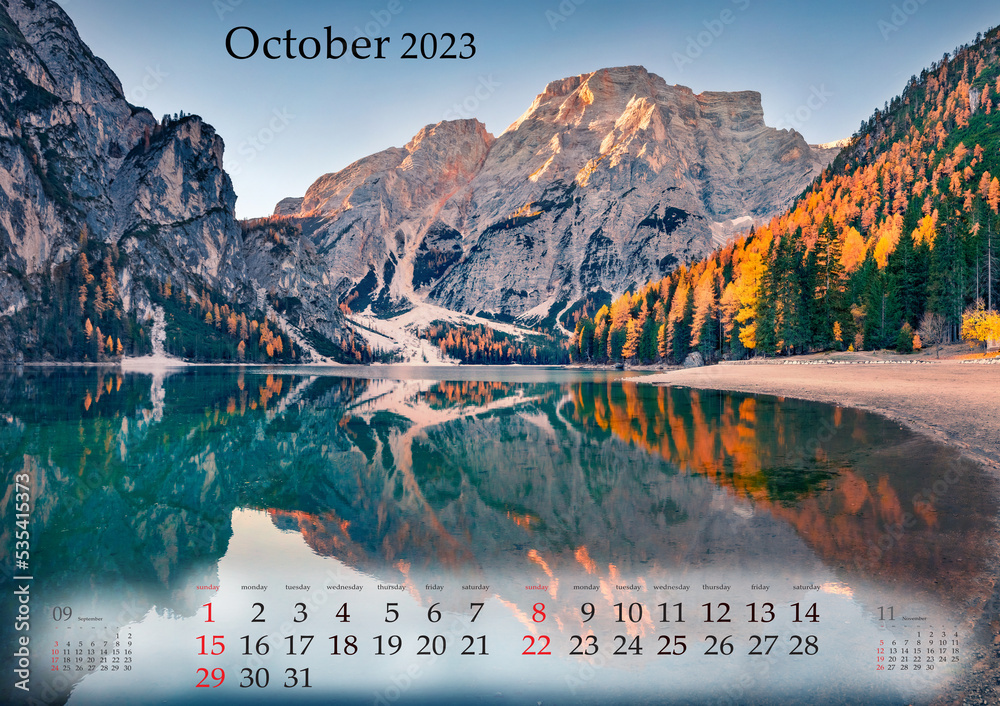 Horizontal wall calendar for 2023 year. October, B3 size. Set of ...