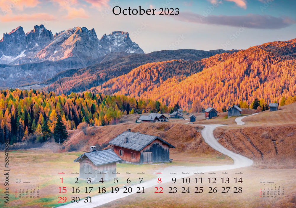Horizontal wall calendar for 2023 year. October, B3 size. Set of ...