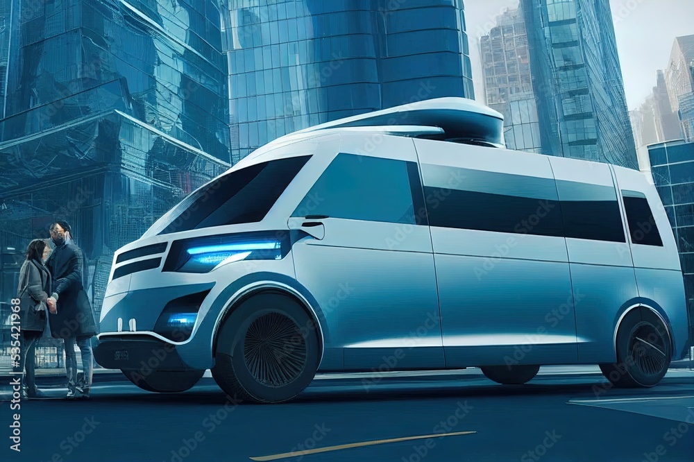 Shot of a Futuristic Self Driving Van Moving on a Public Highway in a Modern City with Glass ...
