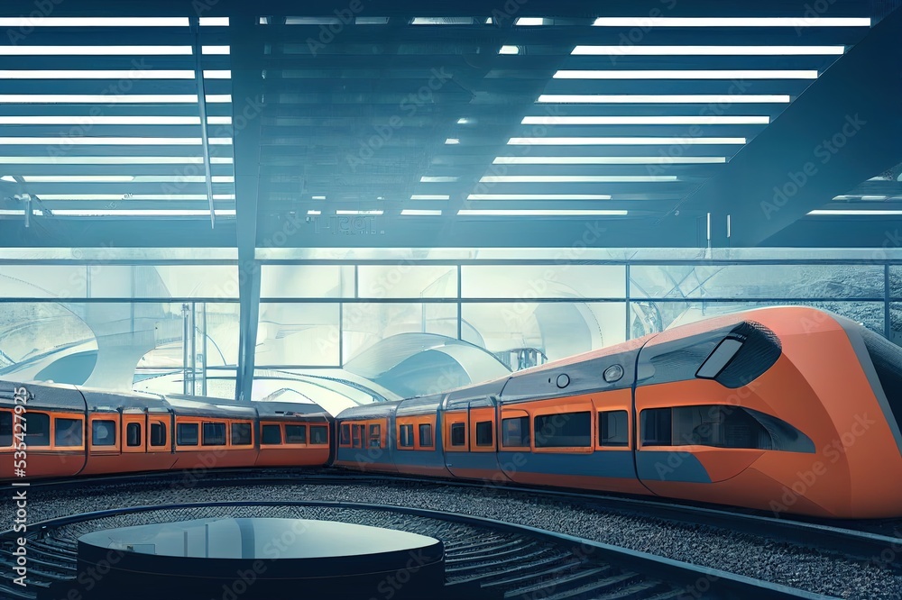 futuristic train station with monorail and train. traffic of people ...