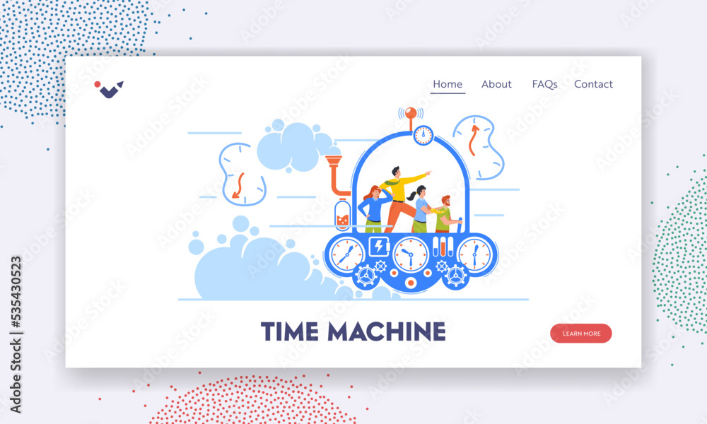 Characters Team Flying In Time Machine Landing Page Template. People ...