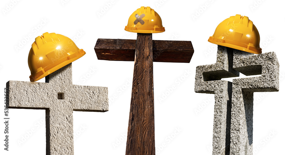 Orange hard hat or safety helmet on a stone or wooden cross, isolated ...