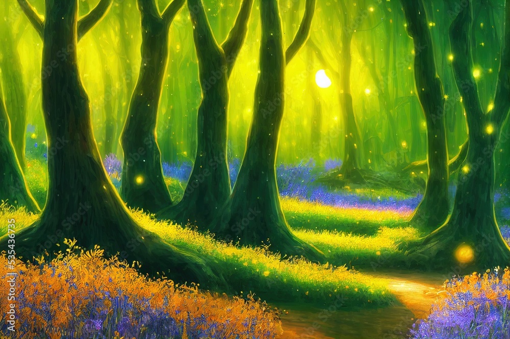 Golden Bluebells Flowers in Fantasy magical Emerald color garden in ...