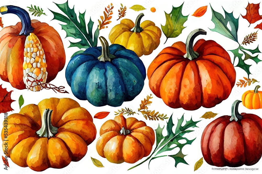 Watercolor festive autumn decor of colorful pumpkins, corn, chestnuts ...