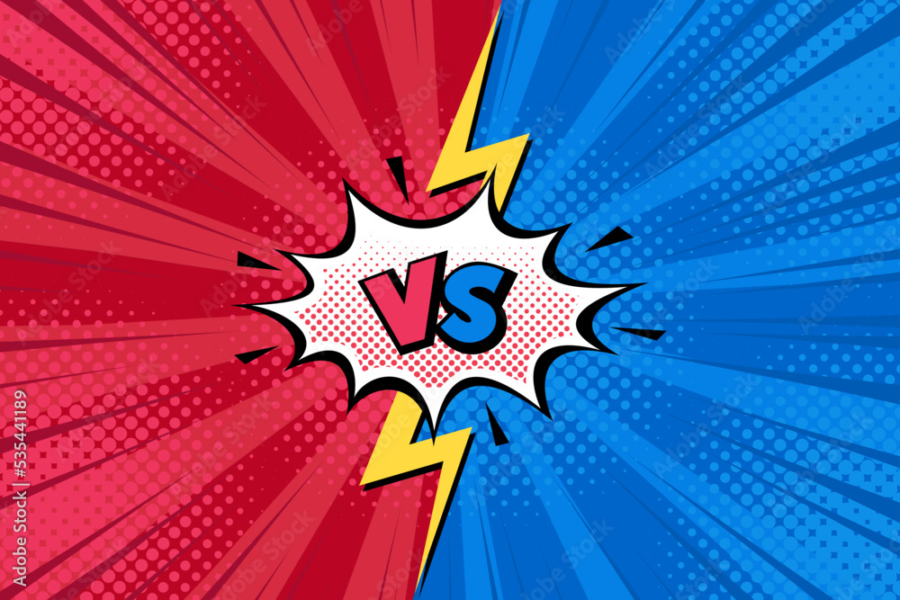 Fight versus pop art comic red blue background with halftone, rays ...