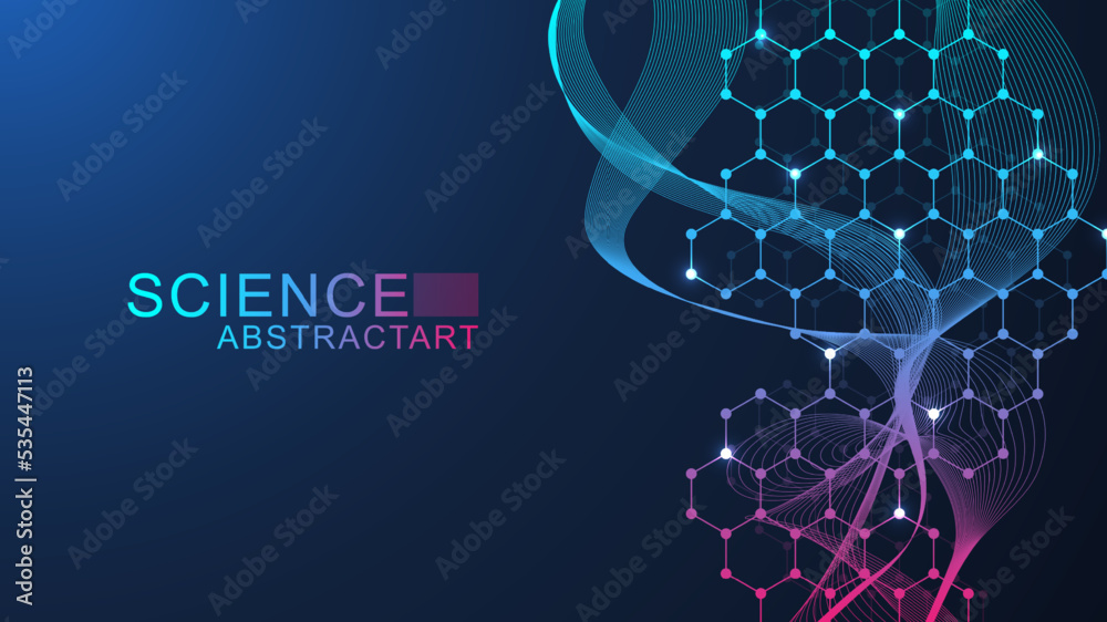 Modern scientific background with lines, dots and hexagons. Wave flow ...