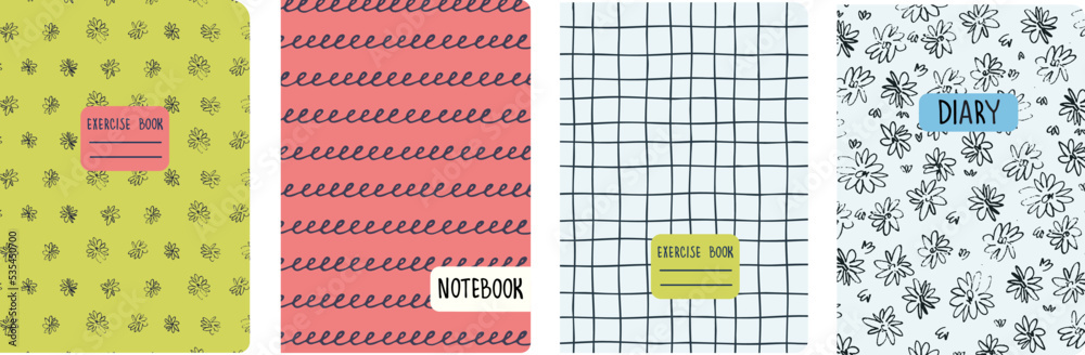 Set of cover page templates based on grid seamless patterns, spiral ...