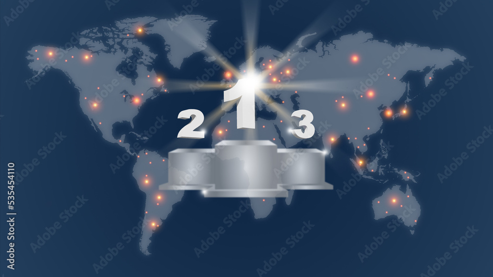 World order concept, number 1 2 3 on the podium, world map with lights ...