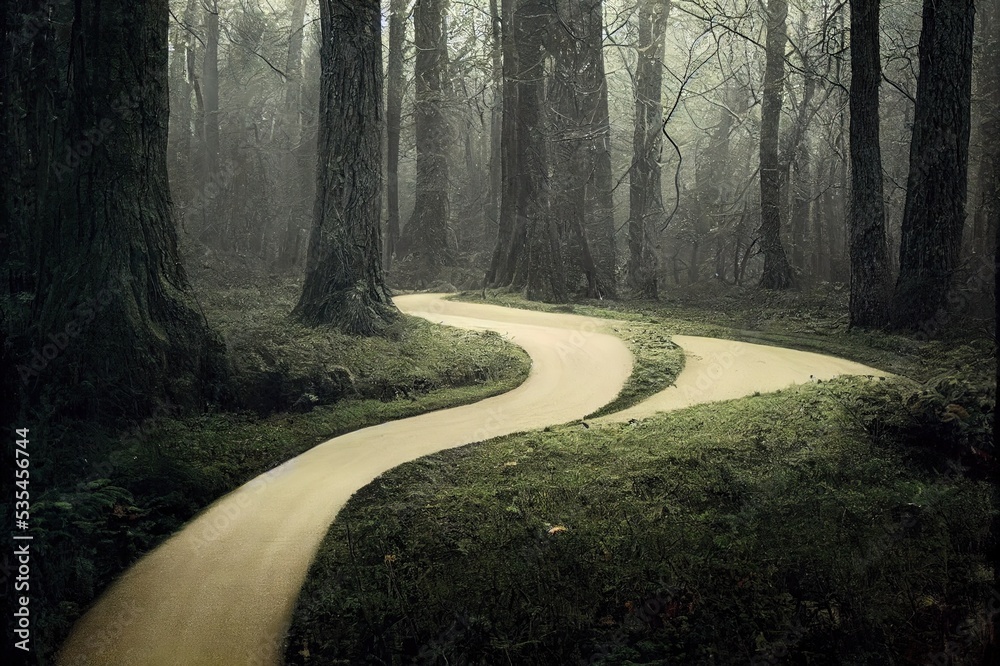 Curved road in the forest between trees. Planking trail in the forest ...
