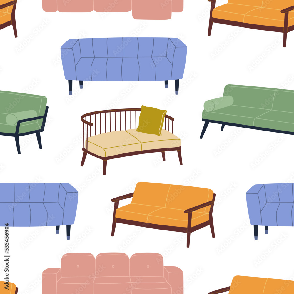Seamless pattern of different comfortable couches and sofas. Soft ...