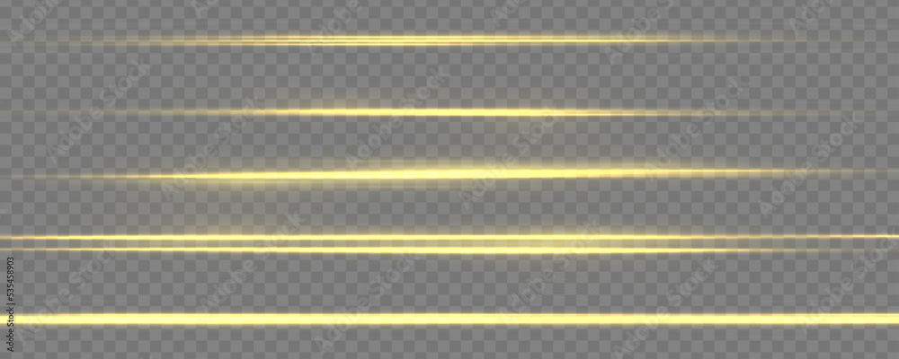 Yellow soft horizontal neon lines and lights. Set of abstract lens ...