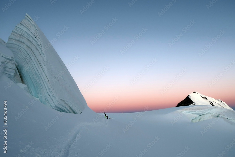 Multi day summer expedition through some glaciers in the alps. On the ...