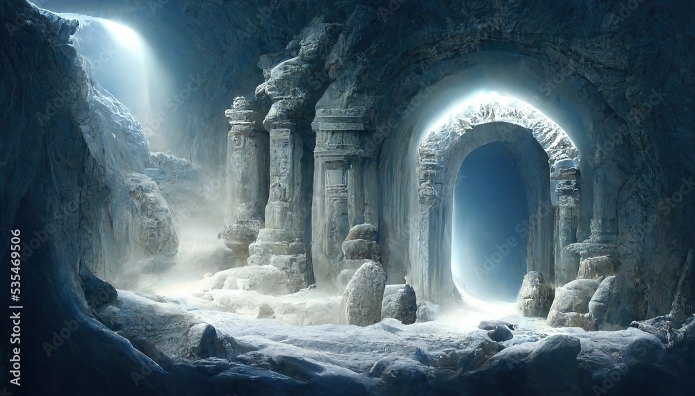 Portal in stone arch with magical symbols in mountain cave. Gate to ...