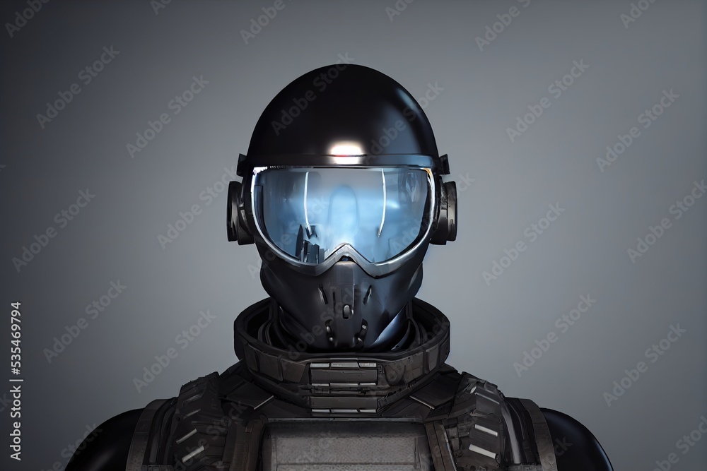 futuristic elite serviceman against the background of the fighting ...